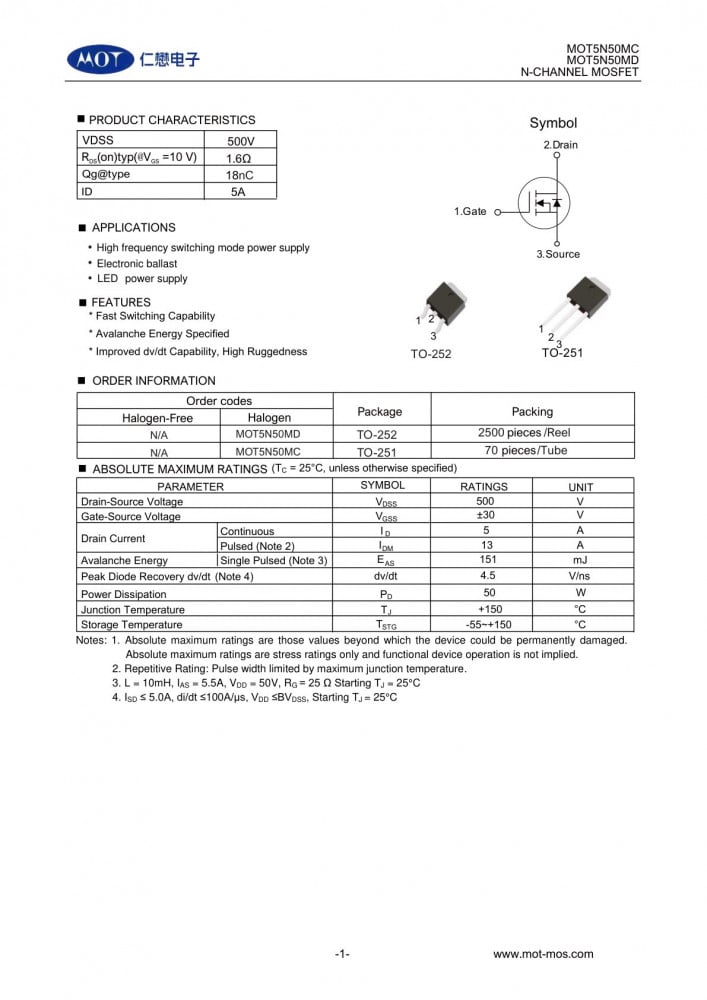 MOT5N50MD datasheet page 1