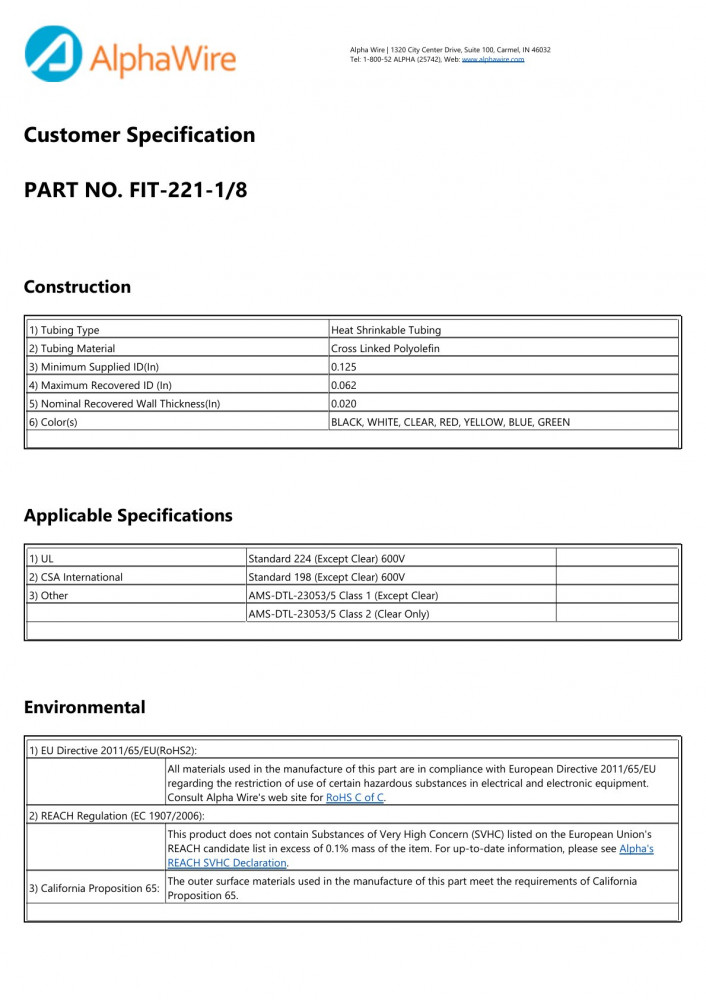 Alpha Wire FIT-221-1/8 specification page 1