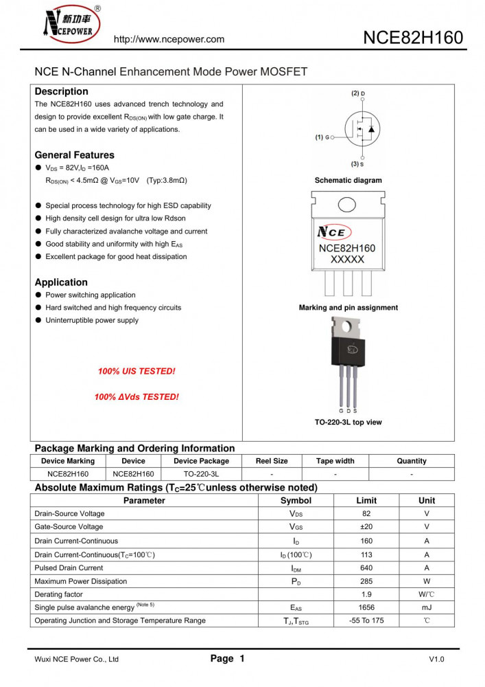 NCE82H160 datasheet page 1