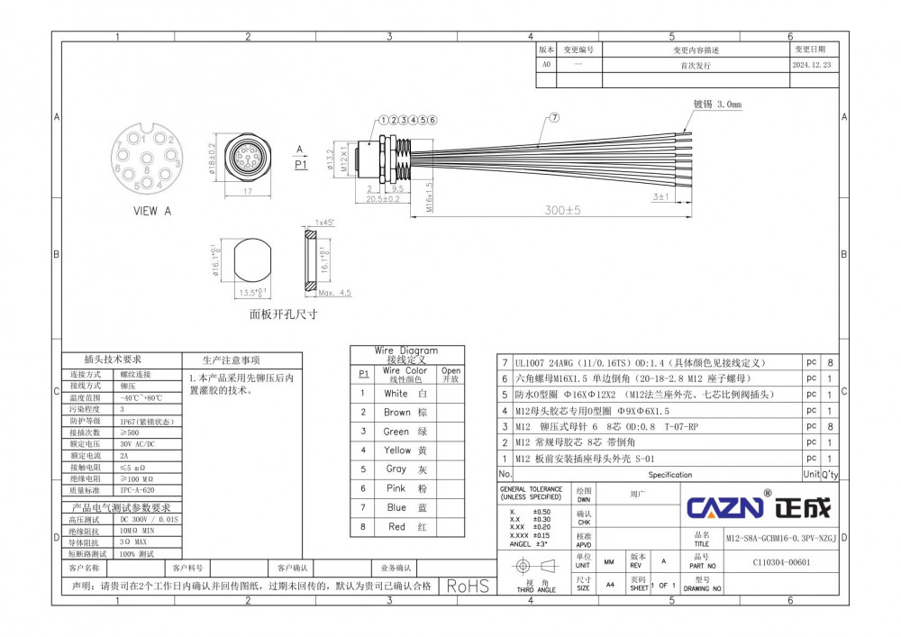 CAZN M12-S8A-GCBM16-0.3PV-NZGJ technical drawing