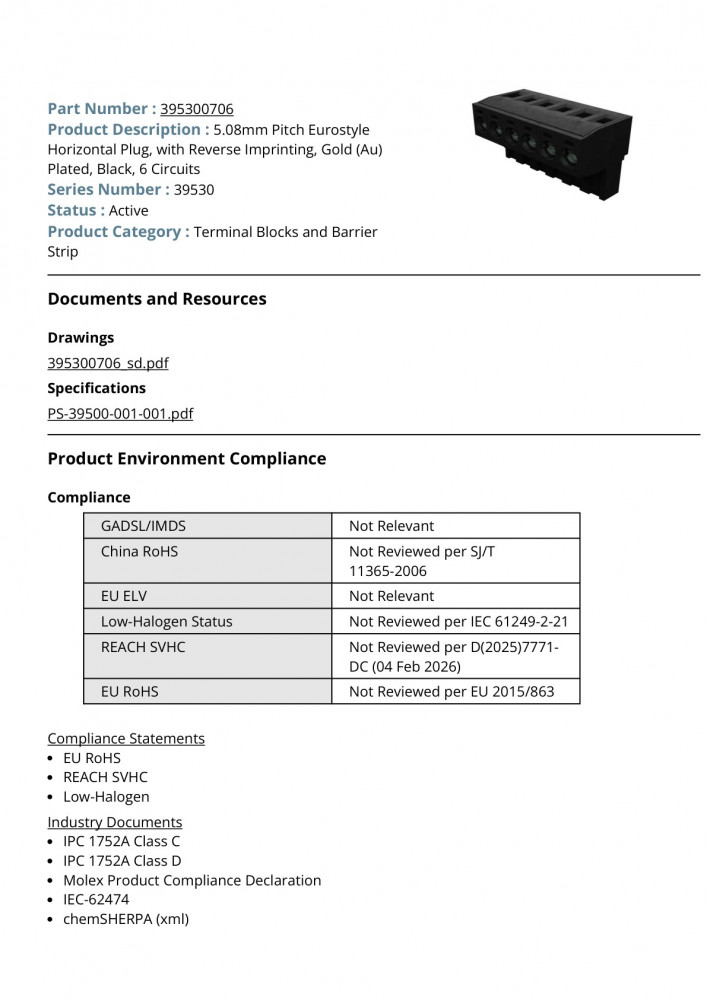 MOLEX 395300706 document preview, page 1