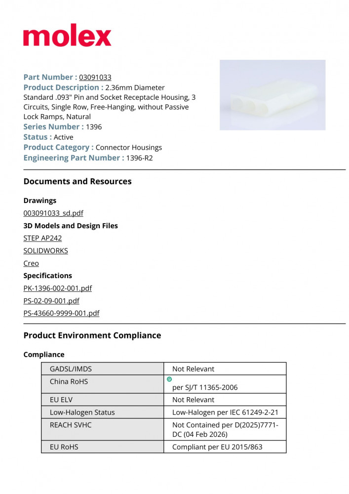 Molex .093 Standard Pin and Socket Terminals document page 1