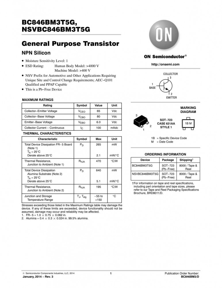 BC846BM3T5G datasheet page 1