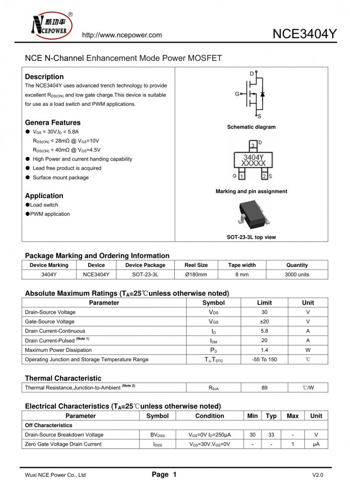 NCE3404Y datasheet page 1