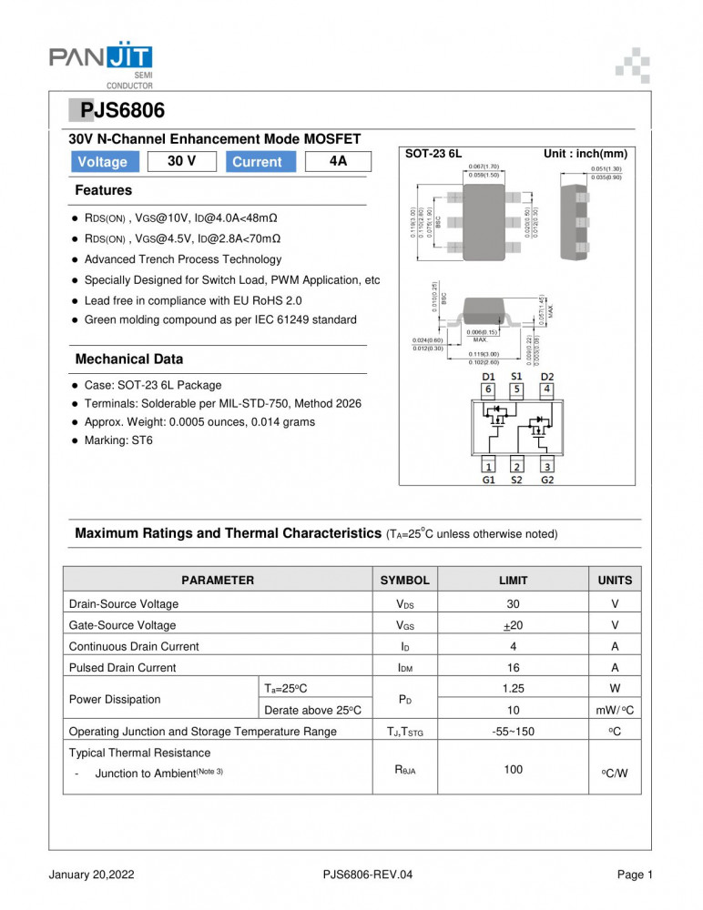 PJS6806 datasheet page 1