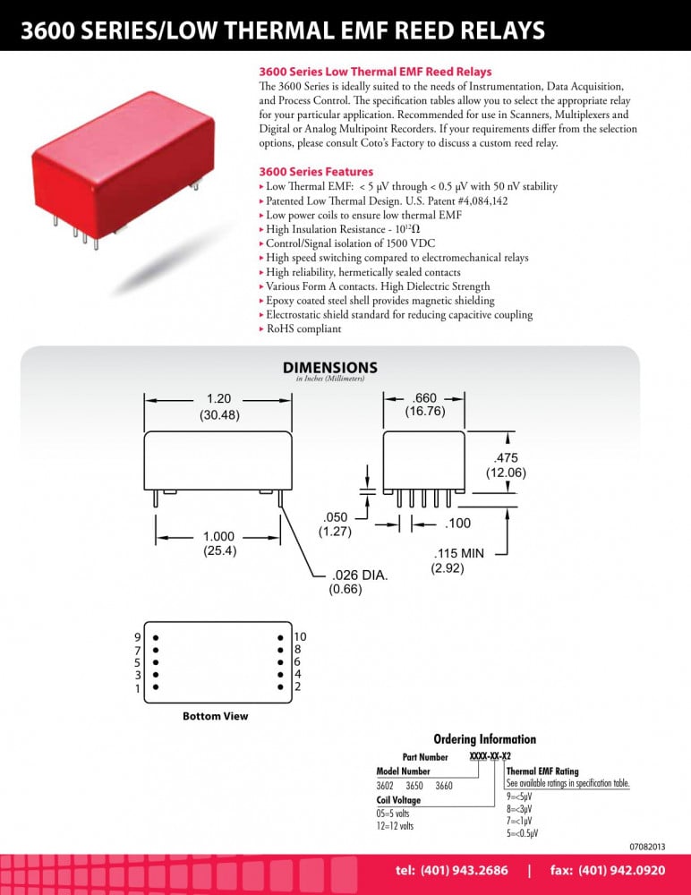 COTO 3600 Series low thermal EMF reed relay datasheet page 1