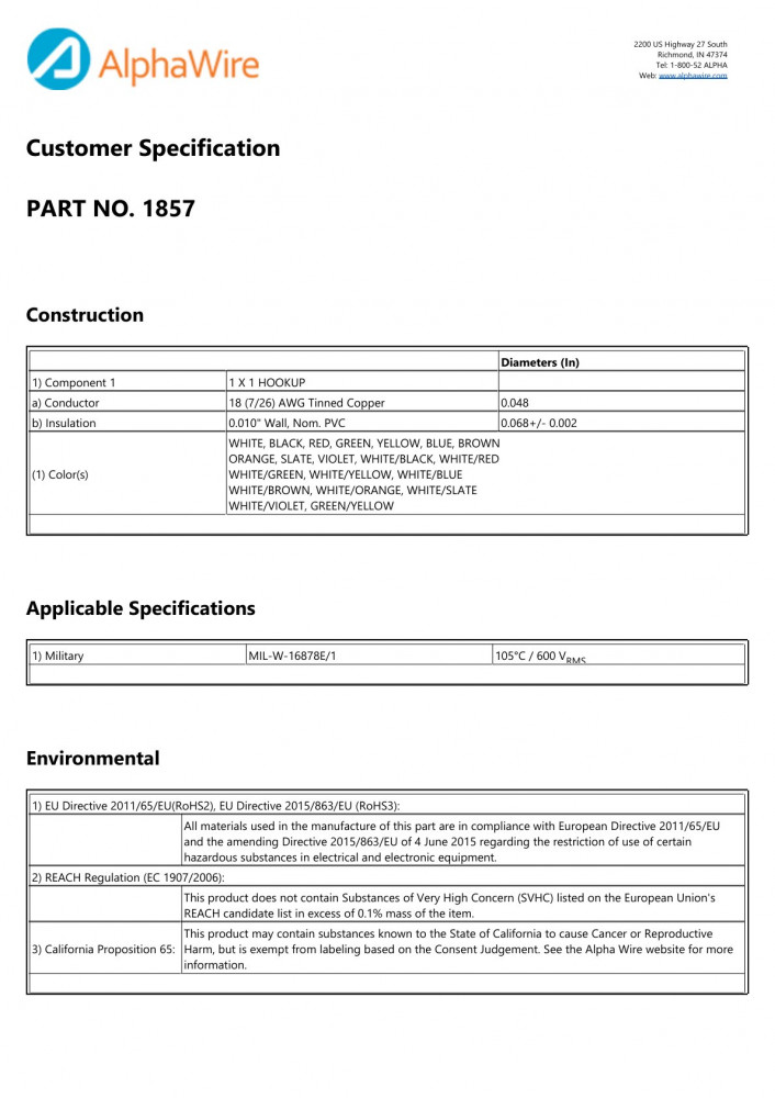 Alpha Wire 1857 technical specification page 1