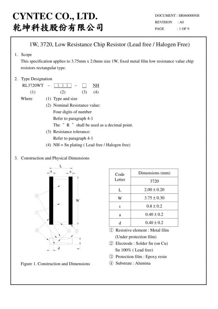 Cyntec RL3720WT-R030-FNH datasheet page 1
