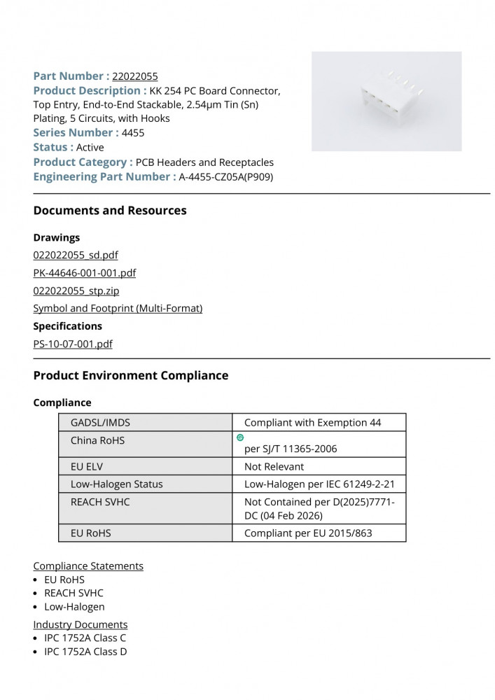 MOLEX 22022055 technical document preview, page 1