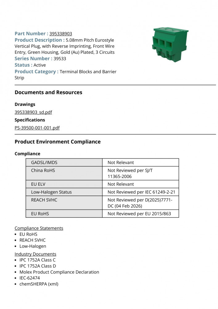 Molex ESE Eurostyle terminal block document page 1