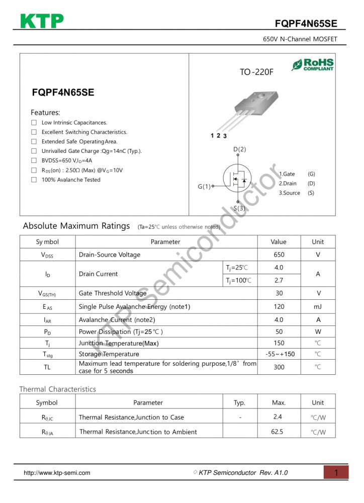 FQPF4N65SE datasheet page 1