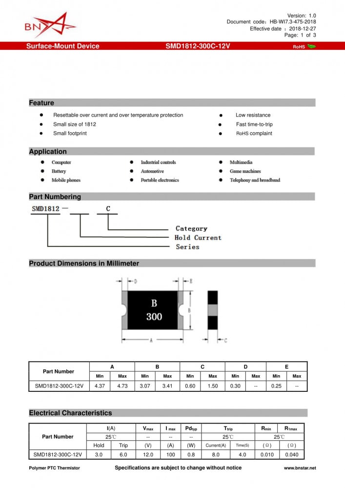 BNstar SMD1812-300C-12V datasheet page 1