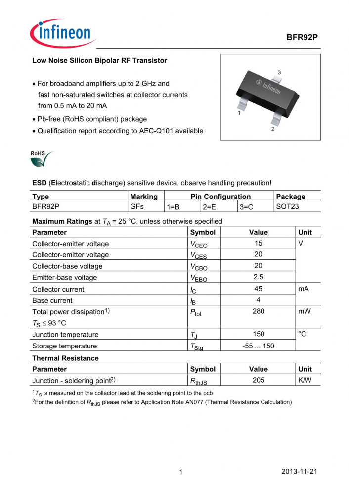 BFR92PE6327 datasheet page 1