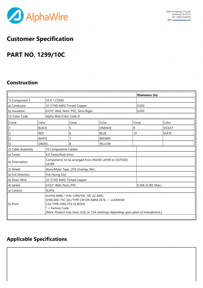 Alpha Wire 1299/10C specification page 1