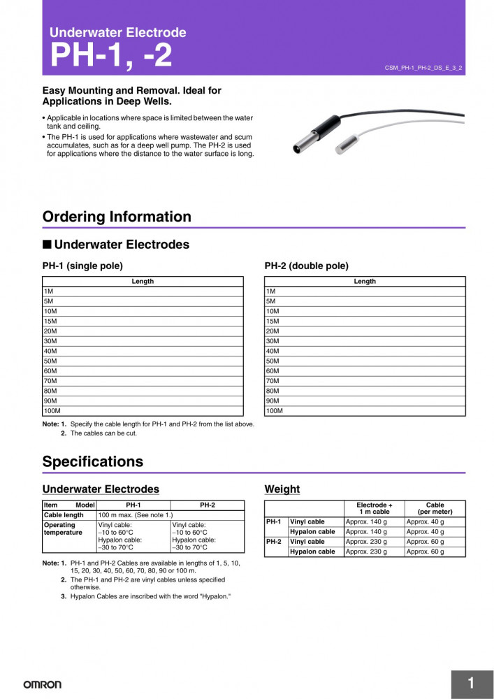 OMRON PH-2 underwater electrode catalog page 1