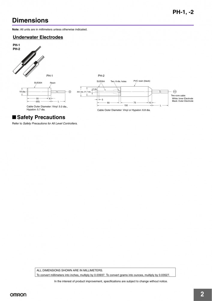 OMRON PH-2 underwater electrode catalog page 2
