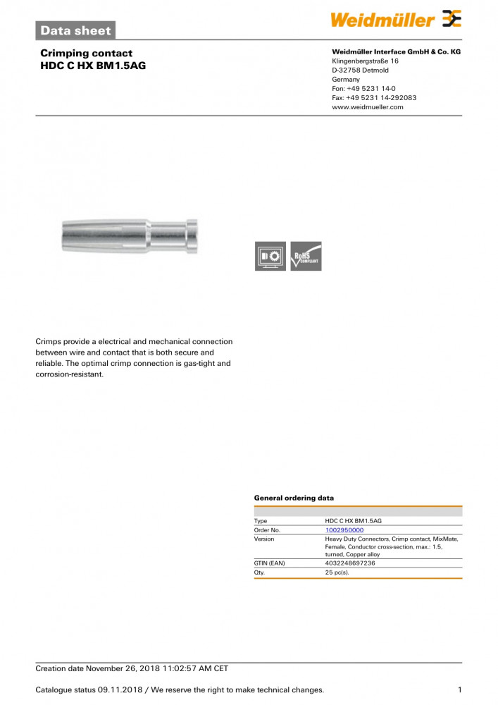 HDC C HX BM1.5AG product documentation page 1