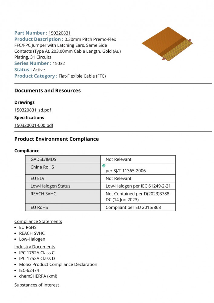 MOLEX FFC specification document, page 1