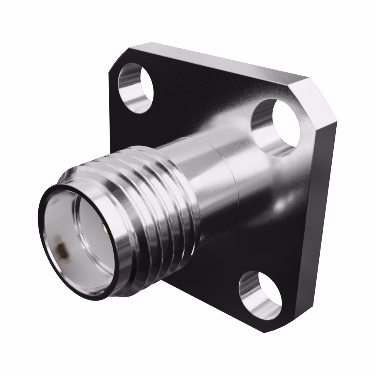 SMA Jack, Straight, 4-Hole Flange Mount, Flat Tab Contact, Stainless Steel Body, Passivated, 80 per Tray, 50 Ohms for sale