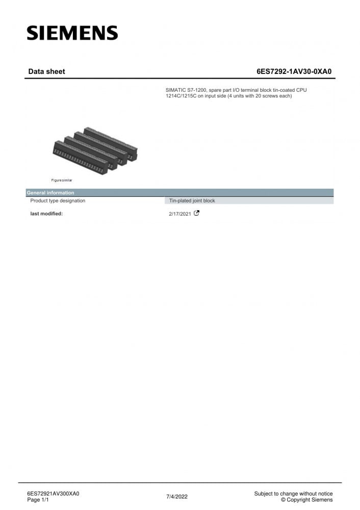 SIMATIC S7-1200 tin-plated joint block documentation image
