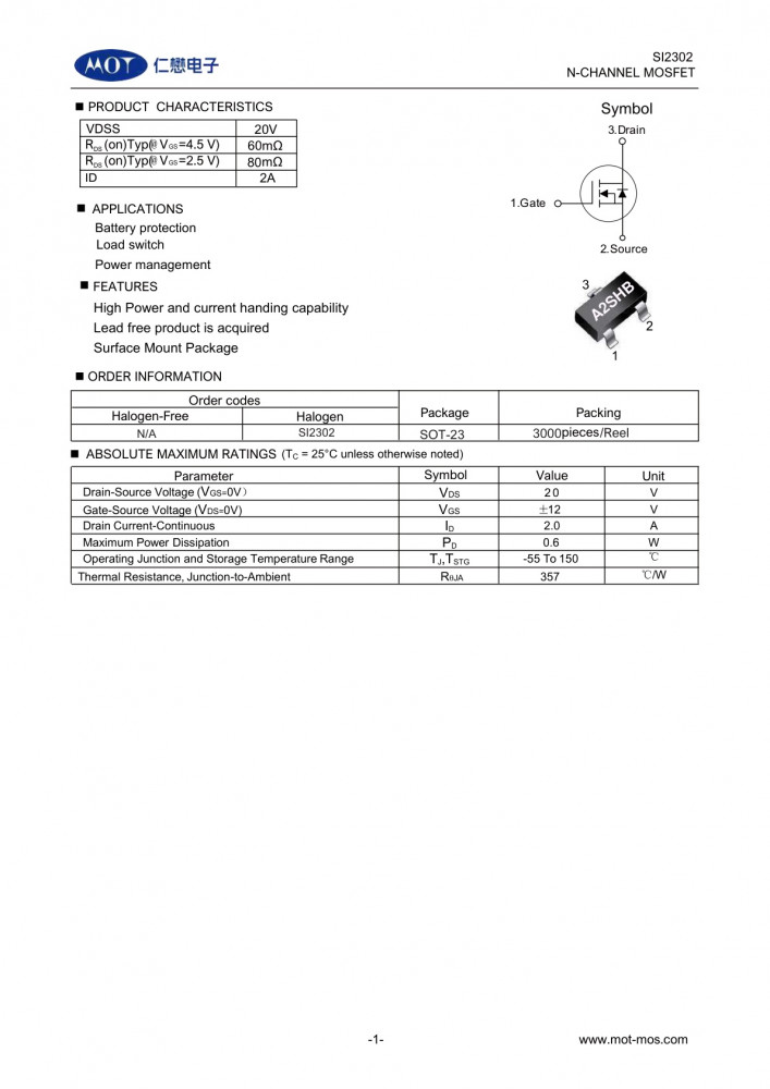 SI2302 datasheet page 1