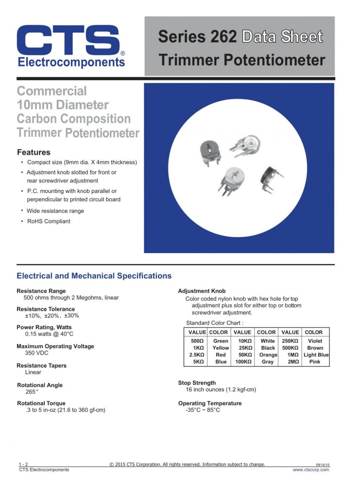 CTS Series 262 trimmer potentiometer specifications and dimensions