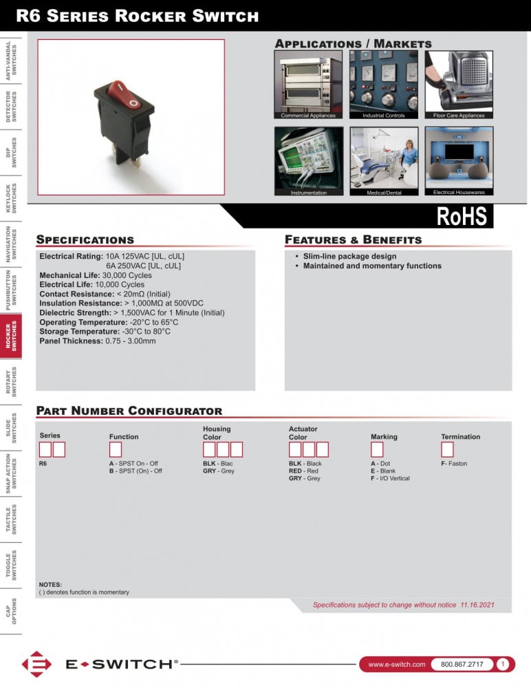 E-Switch R6 Series rocker switch datasheet page 1