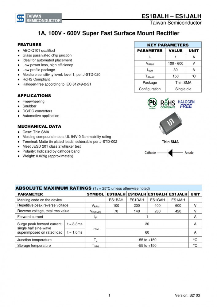 ES1GALH datasheet page 1