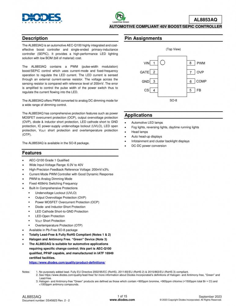 AL8853AQS-13 datasheet page 1
