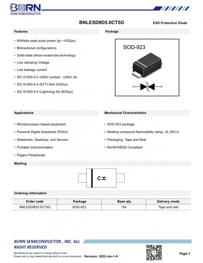 BNLESD9D5.0CT5G datasheet page 1