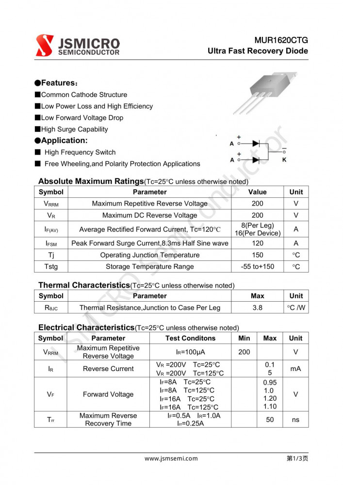 MUR1620CTG datasheet page 1