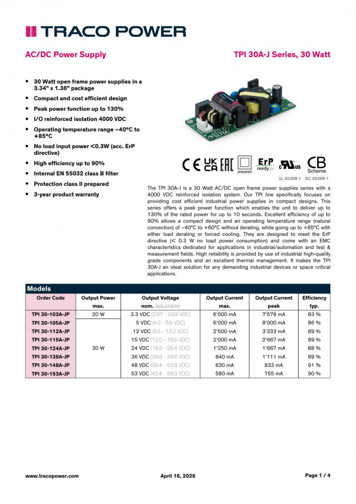 TRACO POWER TPC series datasheet page 1