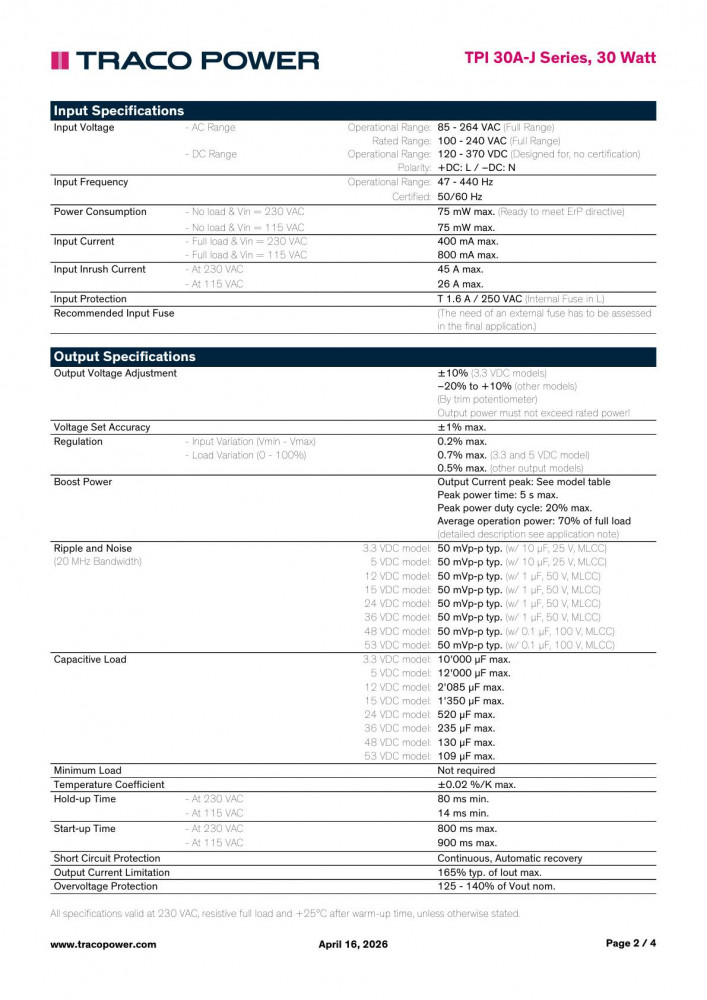 TRACO POWER TPC series datasheet page 2