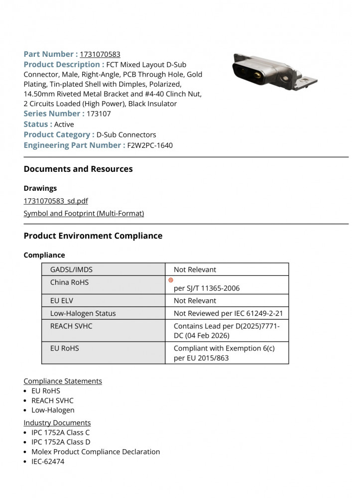 MOLEX 1731070583 product document, page 1