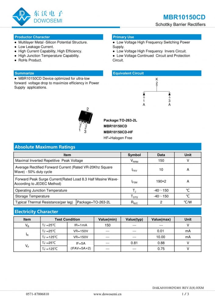 MBR10150CD datasheet page 1
