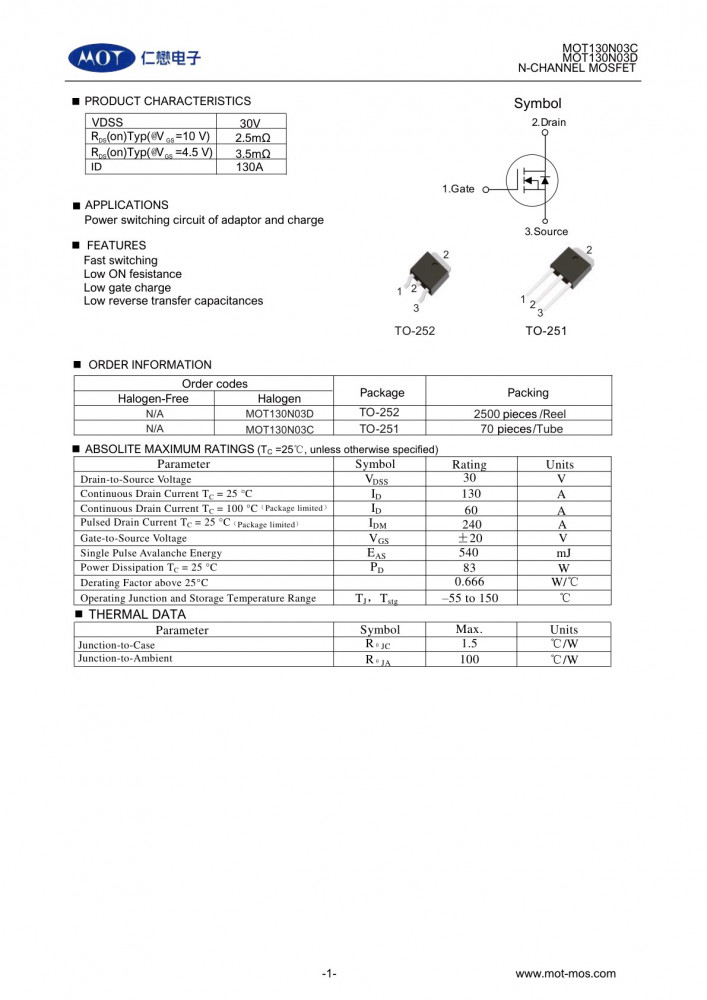 MOT130N03D datasheet page 1