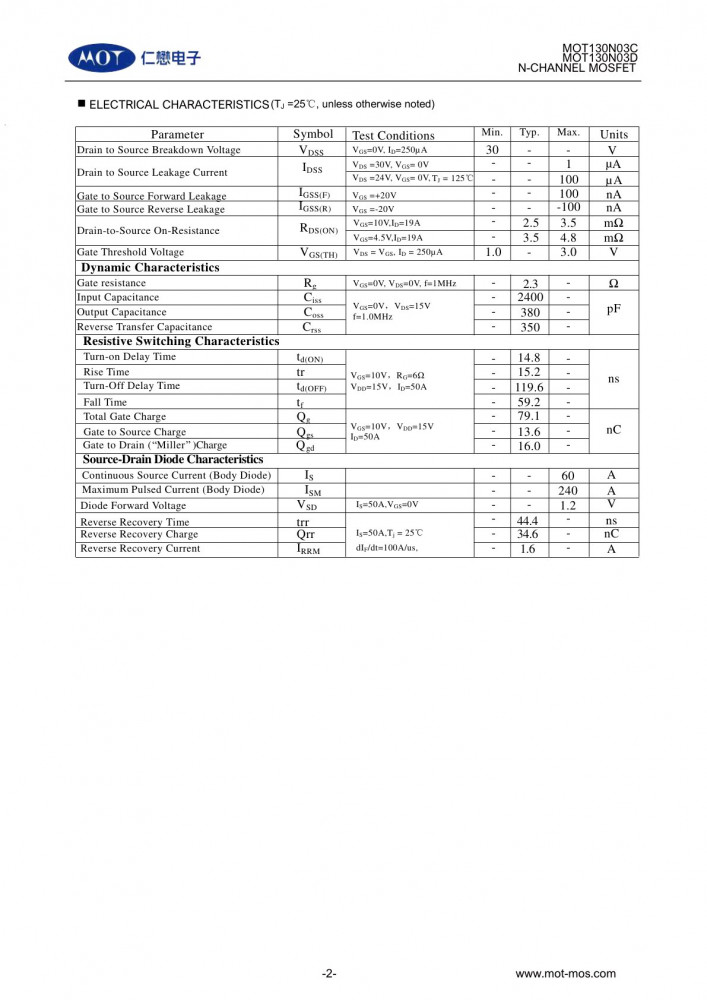 MOT130N03D datasheet page 2