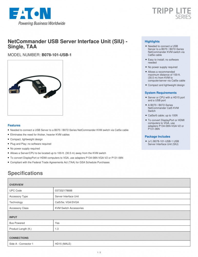 B078-101-USB-1 product document image, page 1