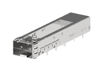 SFP-DD 1-by-1 Cage Assembly with SUS Spring Fingers, PCI Fin Heat Sink, No Rear Legs, Dual Light Pipes, with Press-Fit Pins