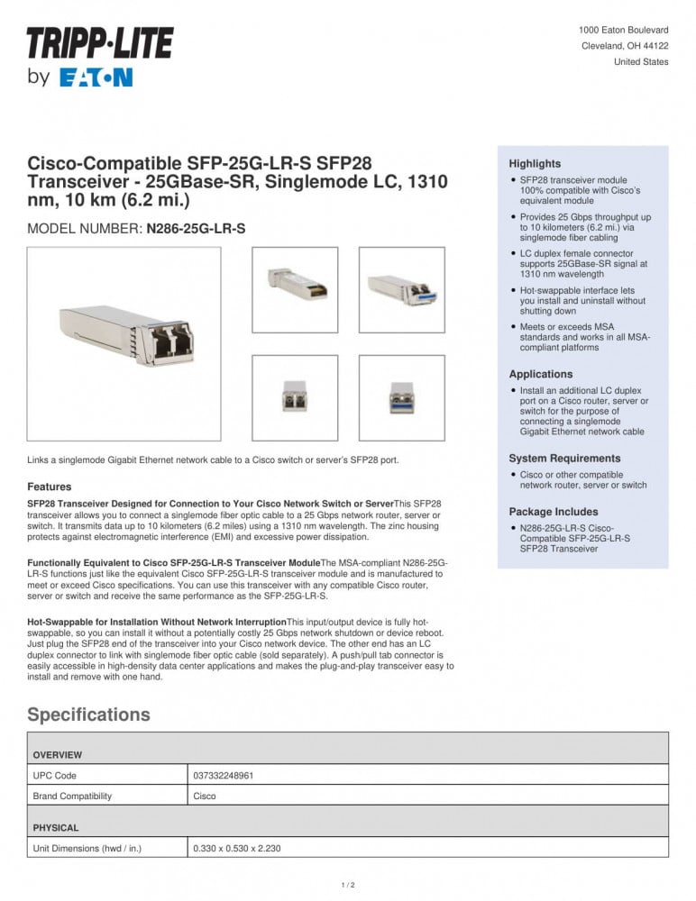 N286-25G-LR-S technical document page 1