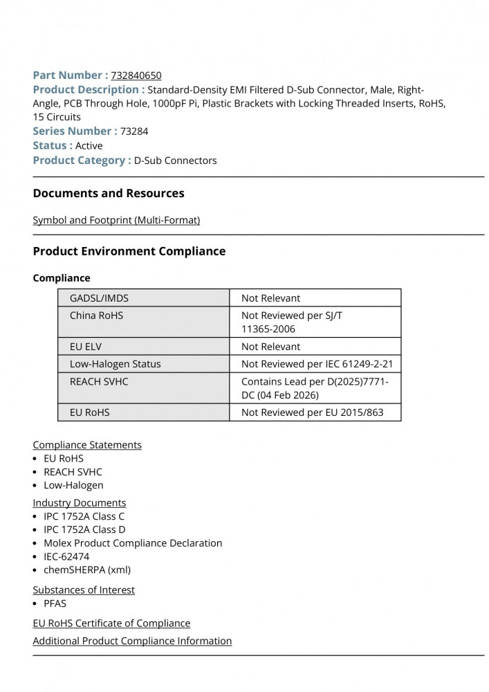MOLEX 732840650 technical document page 1