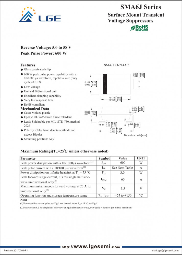 LGE SMAJ series datasheet page 1