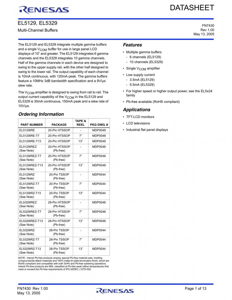 EL5329IREZ datasheet page 1