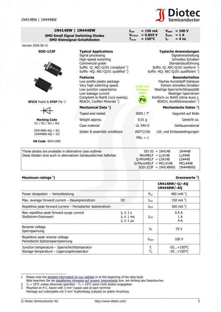 DIOTEC 1N4148W-Q datasheet page 1