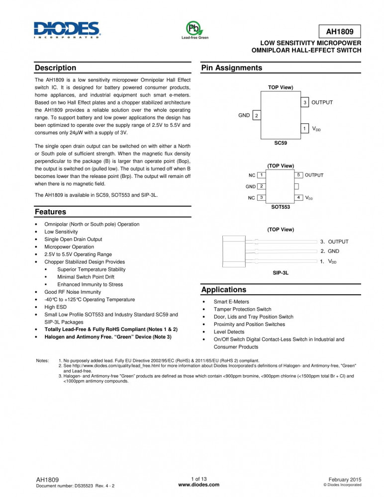 AH1809 datasheet page 1