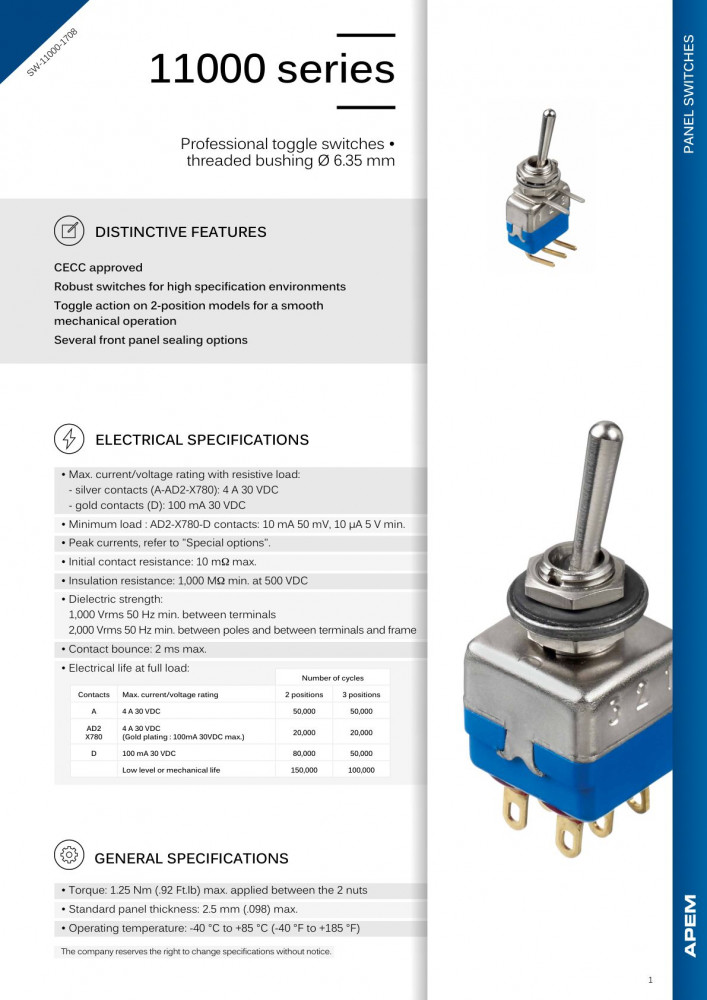 APEM 11000 series datasheet page 1