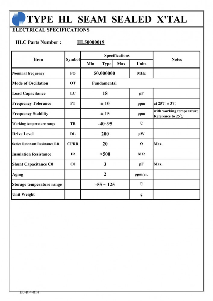 HL50000019 electrical specifications