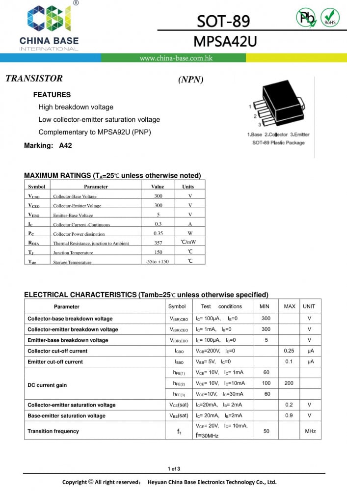 CBI MPSA42U datasheet page 1