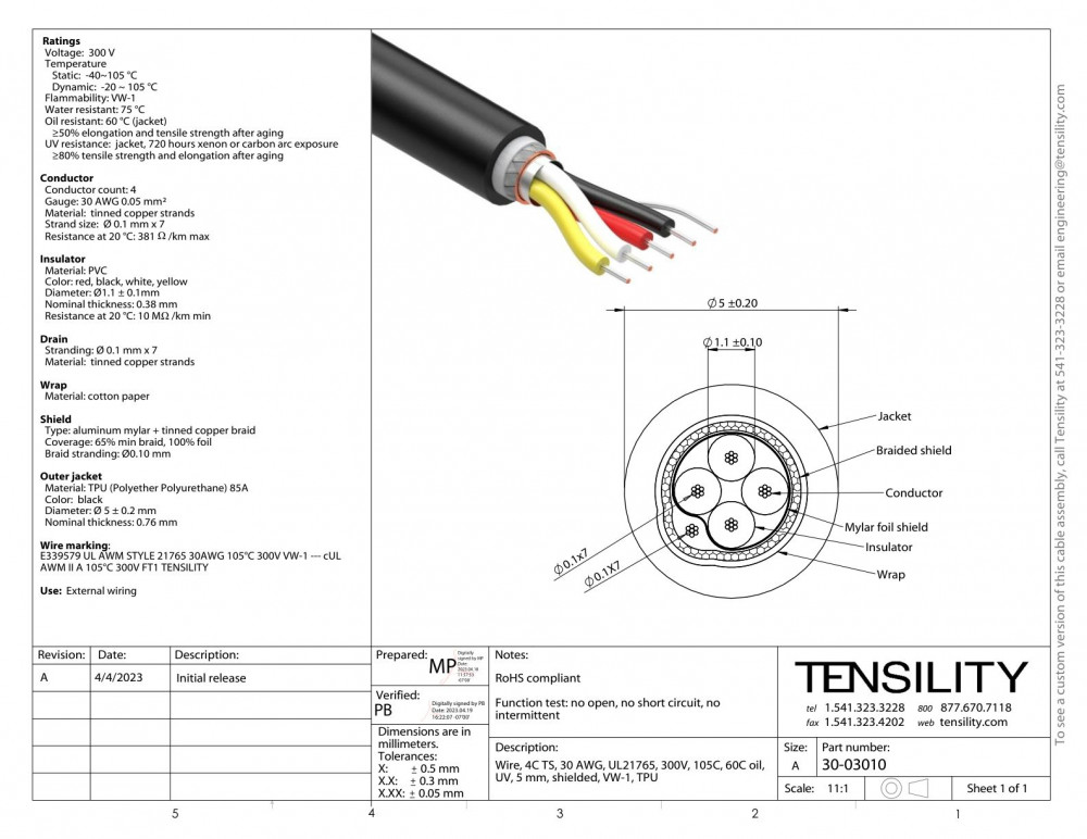 Tensility International 30-03010 cable product drawing