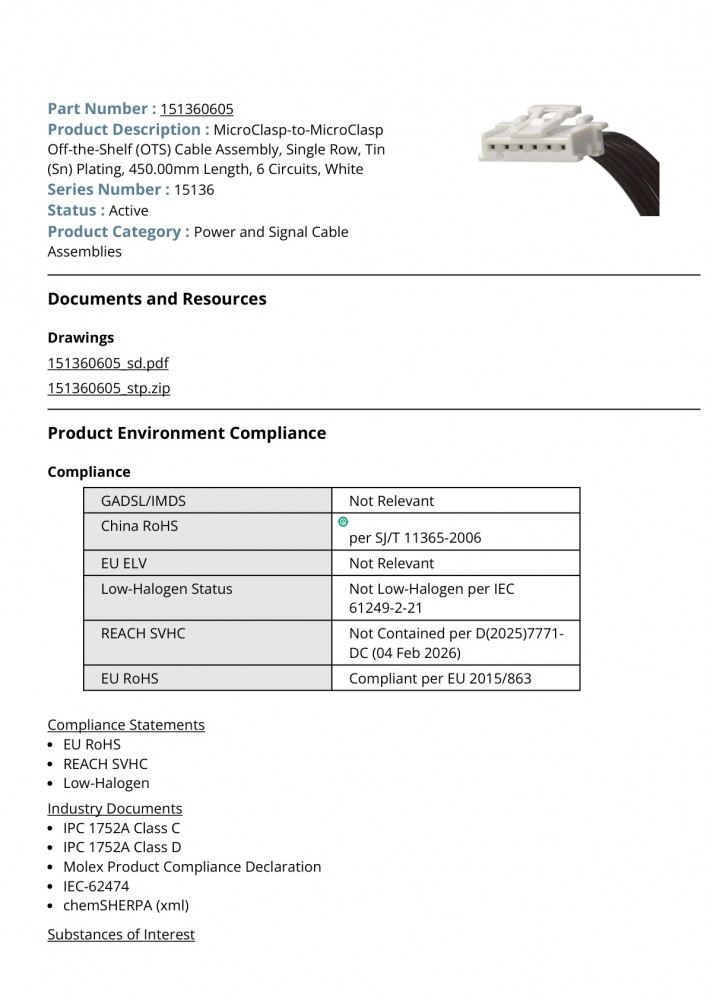 MOLEX 151360605 technical drawing preview, page 1